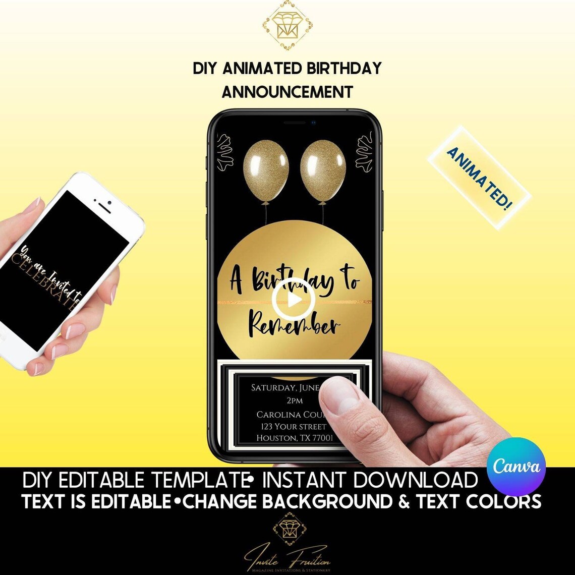 Animated Birthday DIY Template for Phones, Gold and Diamond Instant ...