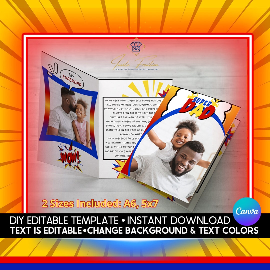 DIY Superhero Super Dad Comic Book Card Editable & Printable for Father ...