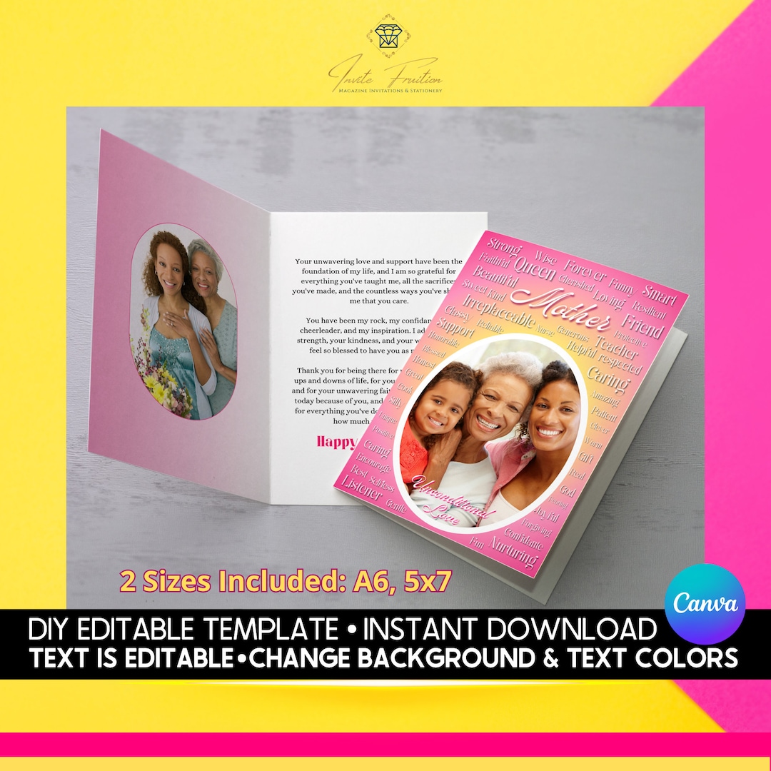 Beautiful Mother's Day Card for Her, Editable DIY Folding Card Template ...