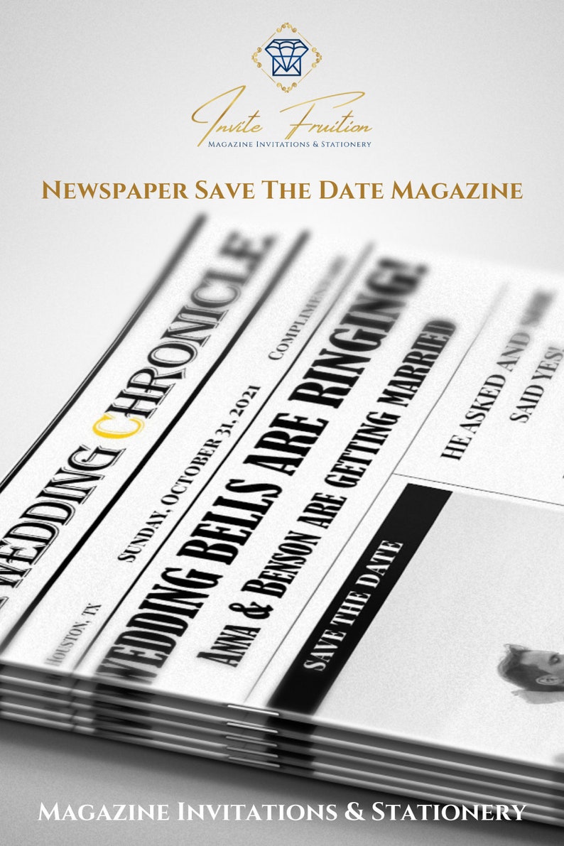 Newspaper Wedding Magazine, Rustic Save the Date Magazine Invitation ...