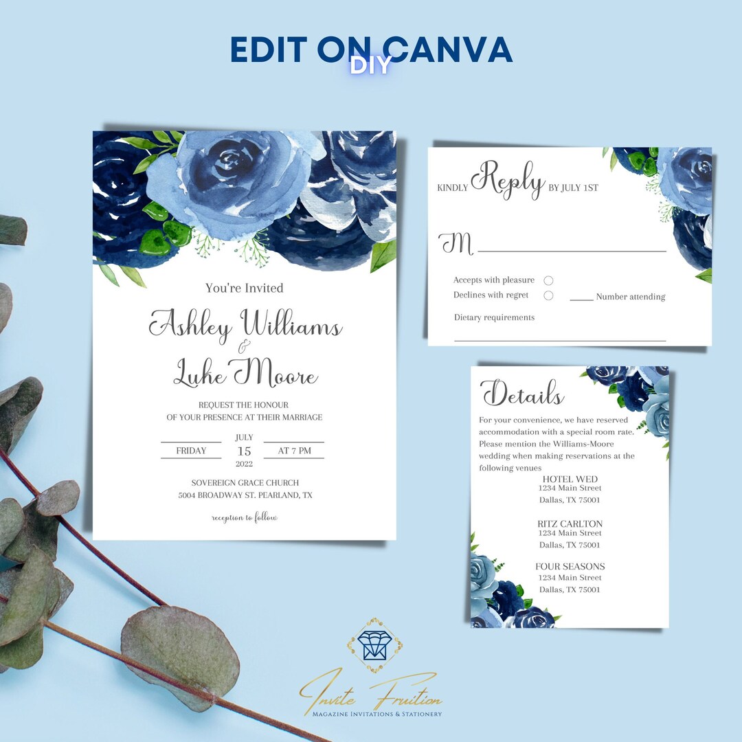 Blue Flower Bouquet Wedding Invitation Suite Editable in Canva, DIY ...