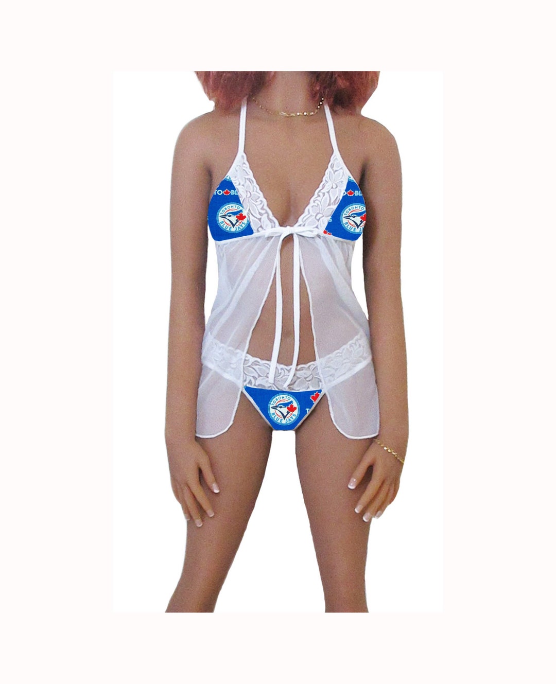 Blue Jays Lingerie White Lace Babydoll Top and String or Thong Panty, Toronto Blue Jays Lingerie ...