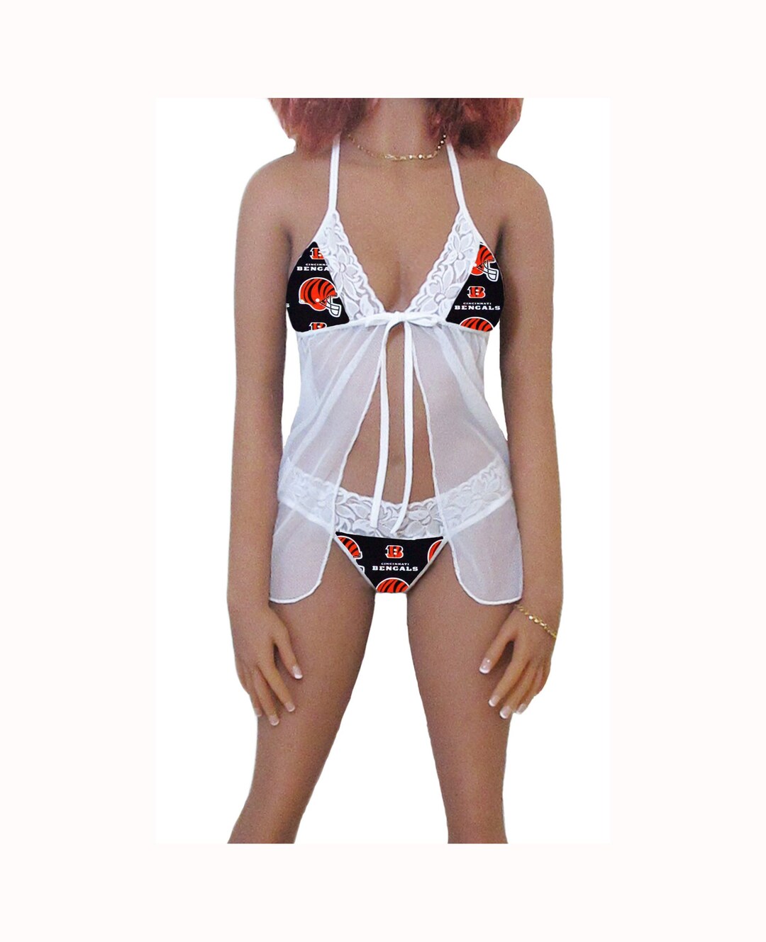 Cincinnati Bengals Lingerie White Babydoll Set Top and String Thong Panty Ready to Ship Small ...