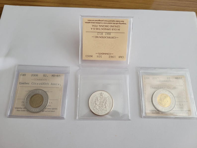 A TRIO of MAGNIFICENT Can. Coins Offering, 1-50 Cent & 2-toonies; 1962 ...