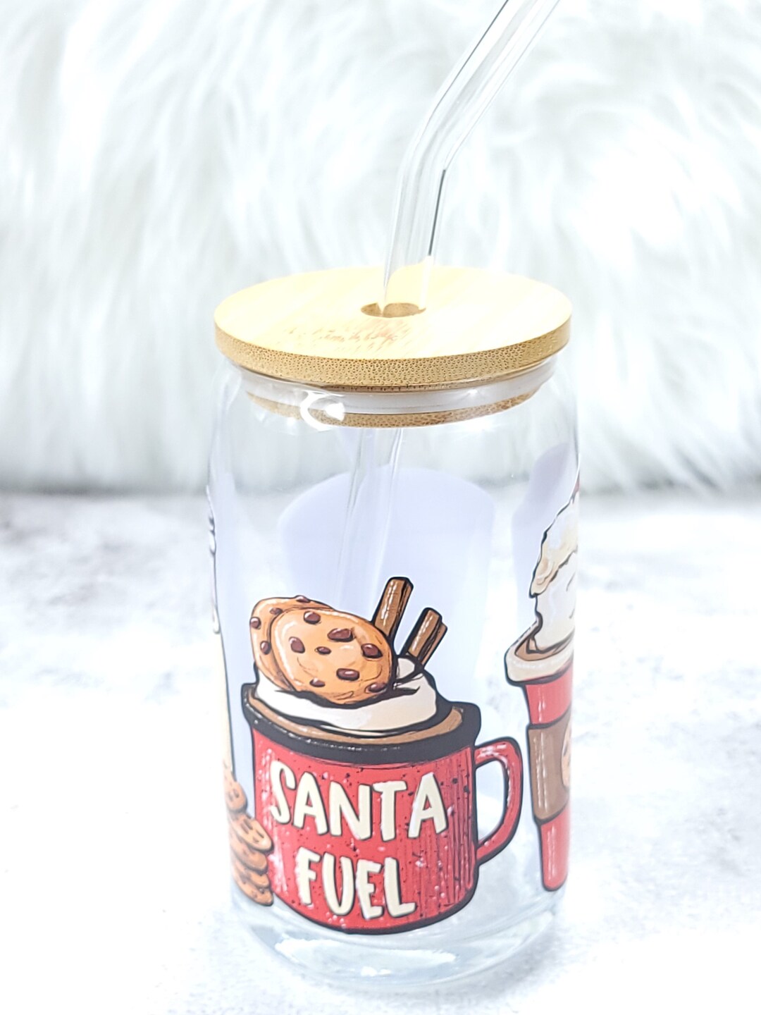 Santa Fuel 16oz Glass Can With Bamboo Lid Christmas Cup for Santa - Etsy