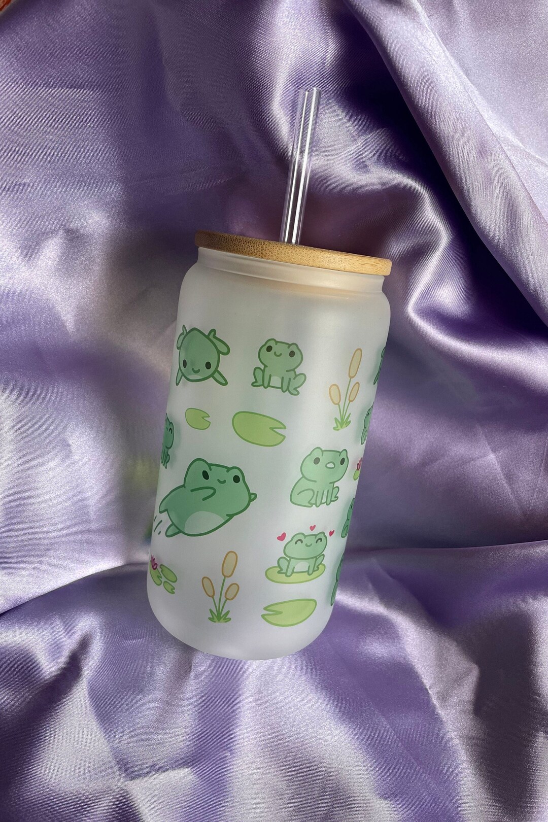 16oz Glass Cup/ Frogs / Kawaii / Glass Cup With Lid/ - Etsy