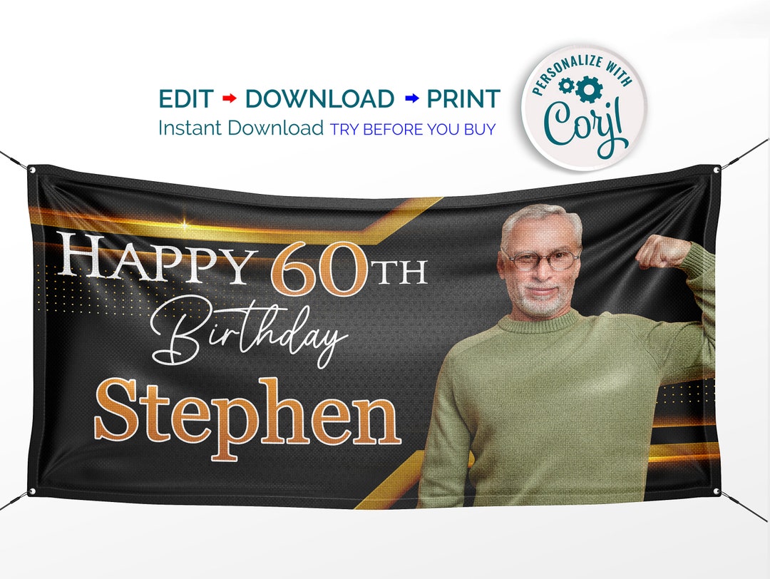 Printable Happy 60th Birthday Banner Black and Gold Editable - Etsy