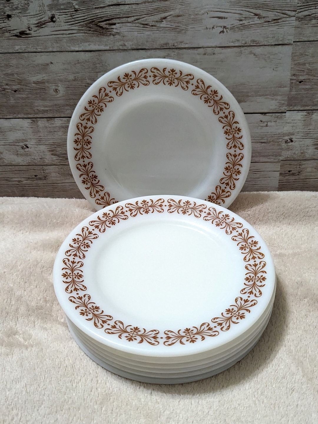 Vintage Pyrex Plates - Double-tough - White Milk Glass With Copper ...