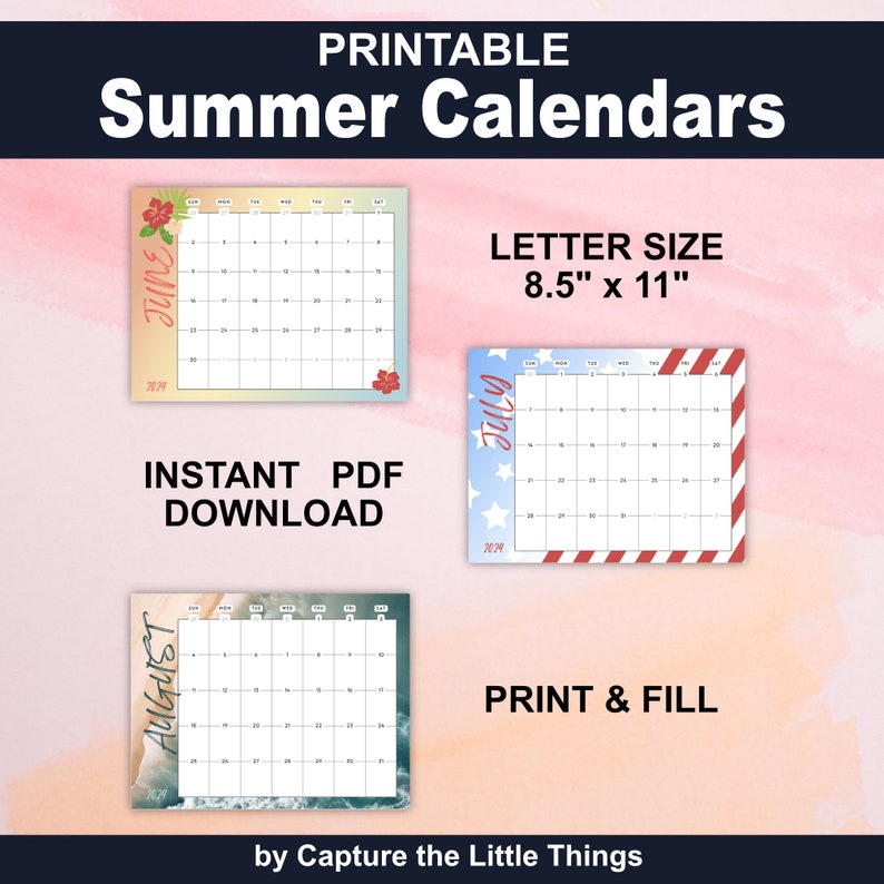 PRINTABLE 2024 Calendars Summer Calendars June, July, August Calendars ...