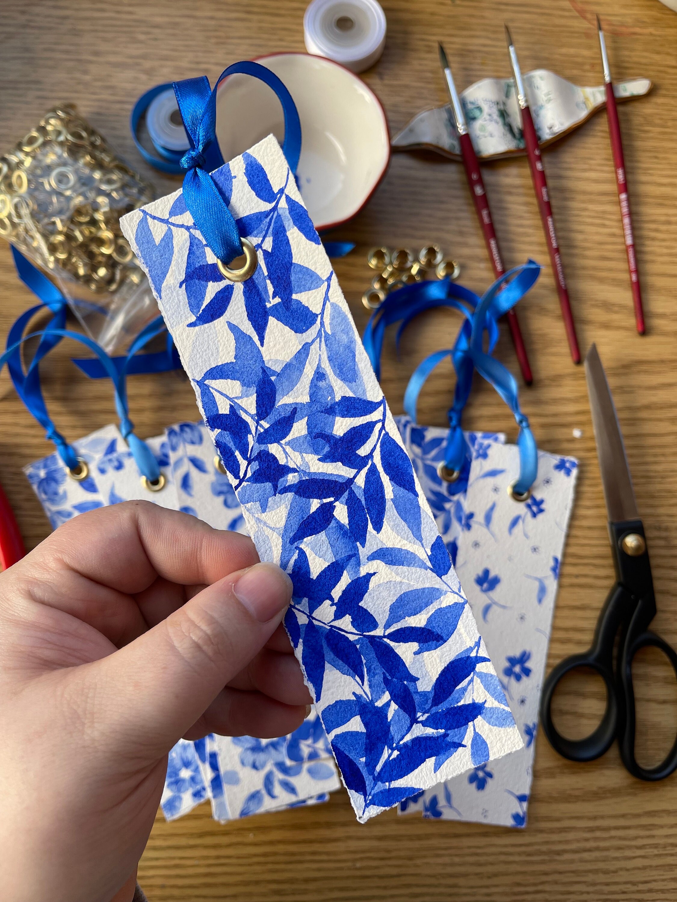 Hand Painted/blue Floral/watercolor/bookmarks/gold - Etsy