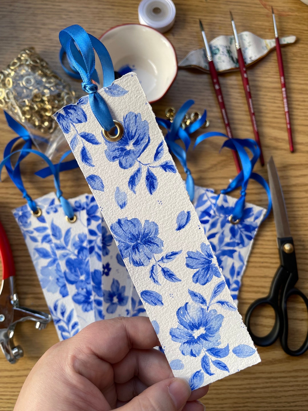 Hand Painted/blue Floral/watercolor/bookmarks/gold Grommets/for Book ...