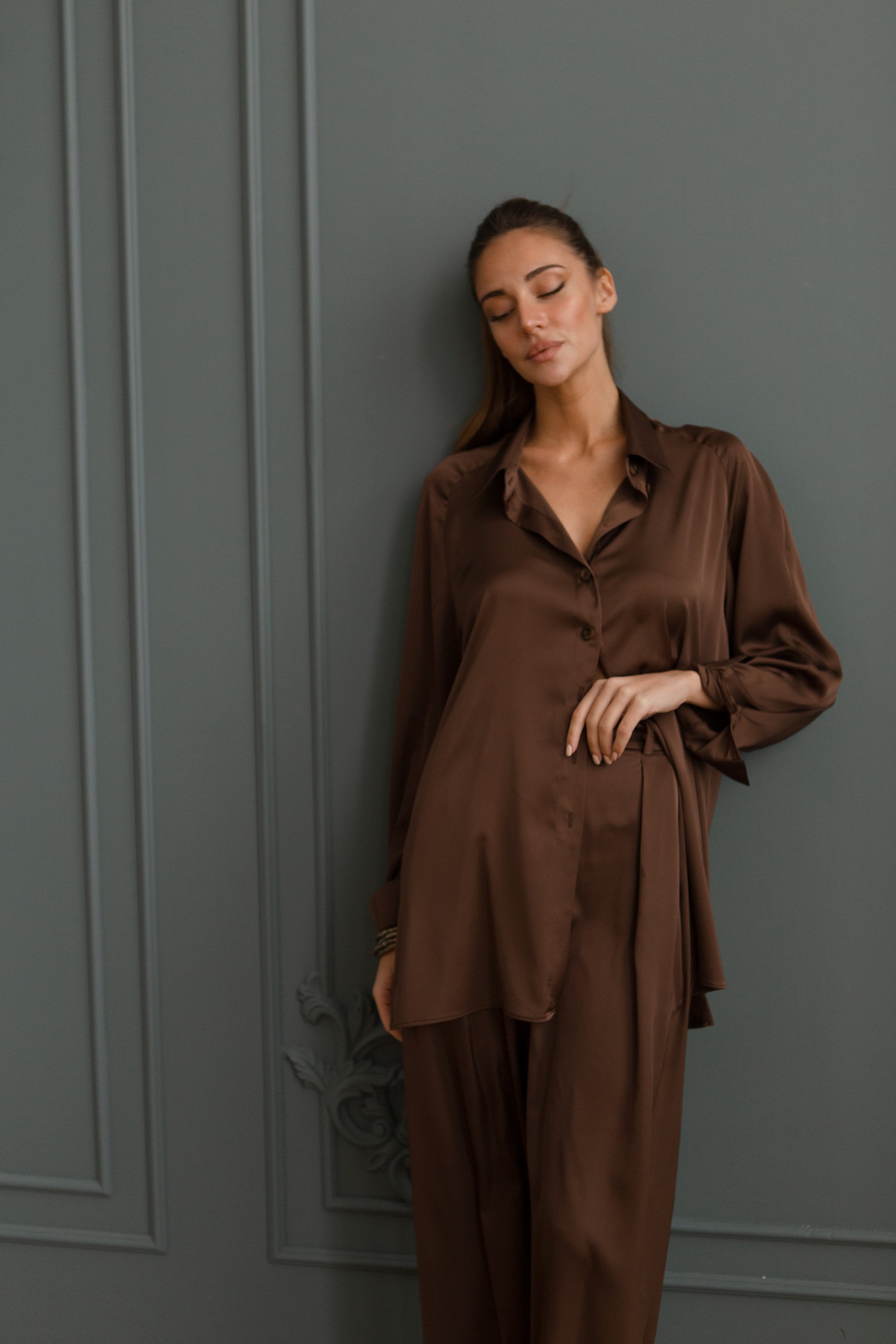 Silk Suit Silk Blouse Silk Trousers Pants Chocolate Silk Costume Casual ...