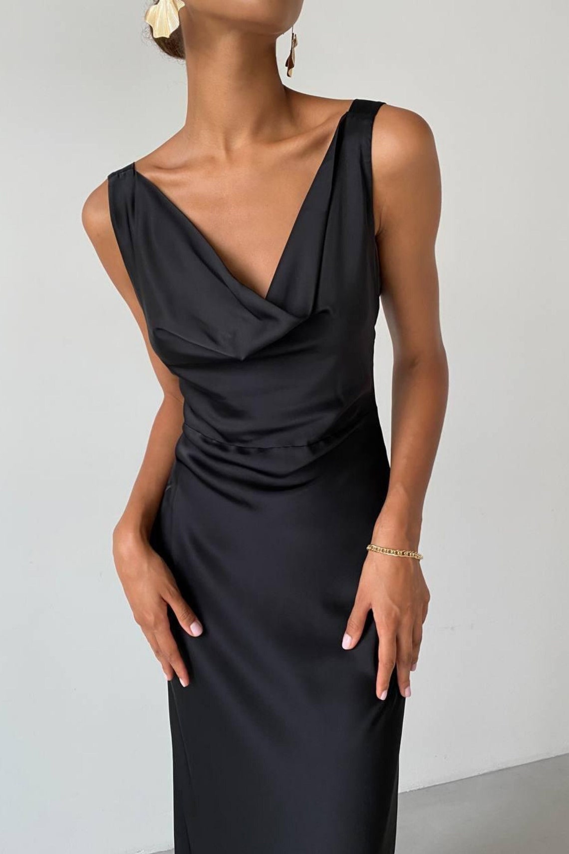 Black Silk Dress Women Backless Dress With Cowl Neck - Etsy