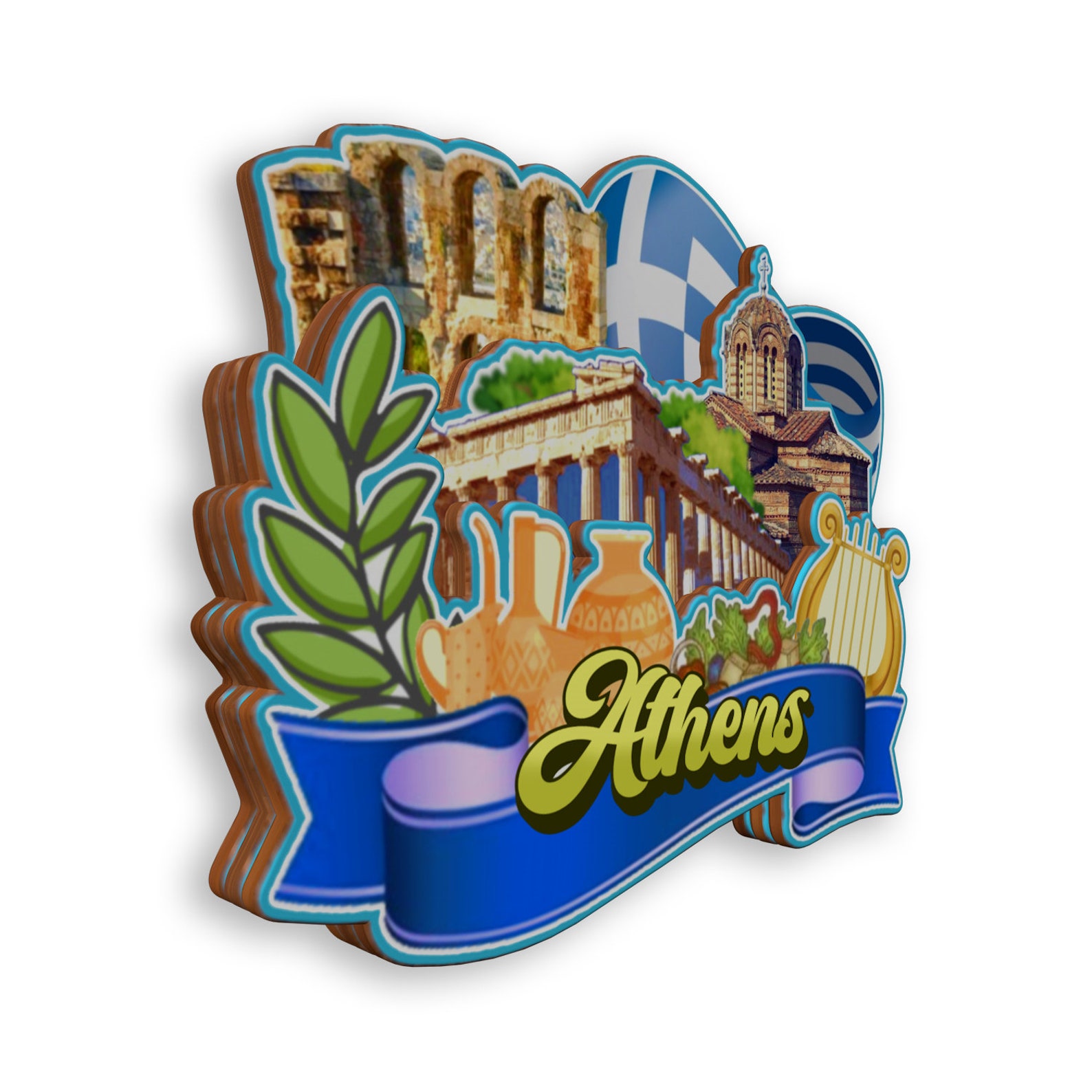 Athens Greece Fridge Magnet City Trvavel Souvenirs Handmade Wood ...
