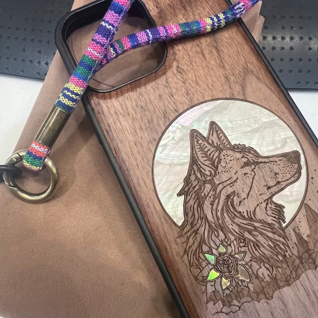 Walnut Wood Case, Moonlight Wolf Design, iPhone 15 Pro Max 14 13 12 11 ...