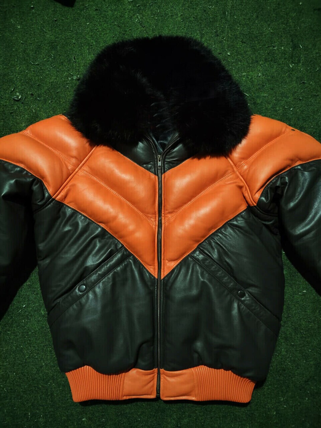 Men Genuine Leather Jacket With Fox Fur Collar, Lambskin Leather Puffer ...