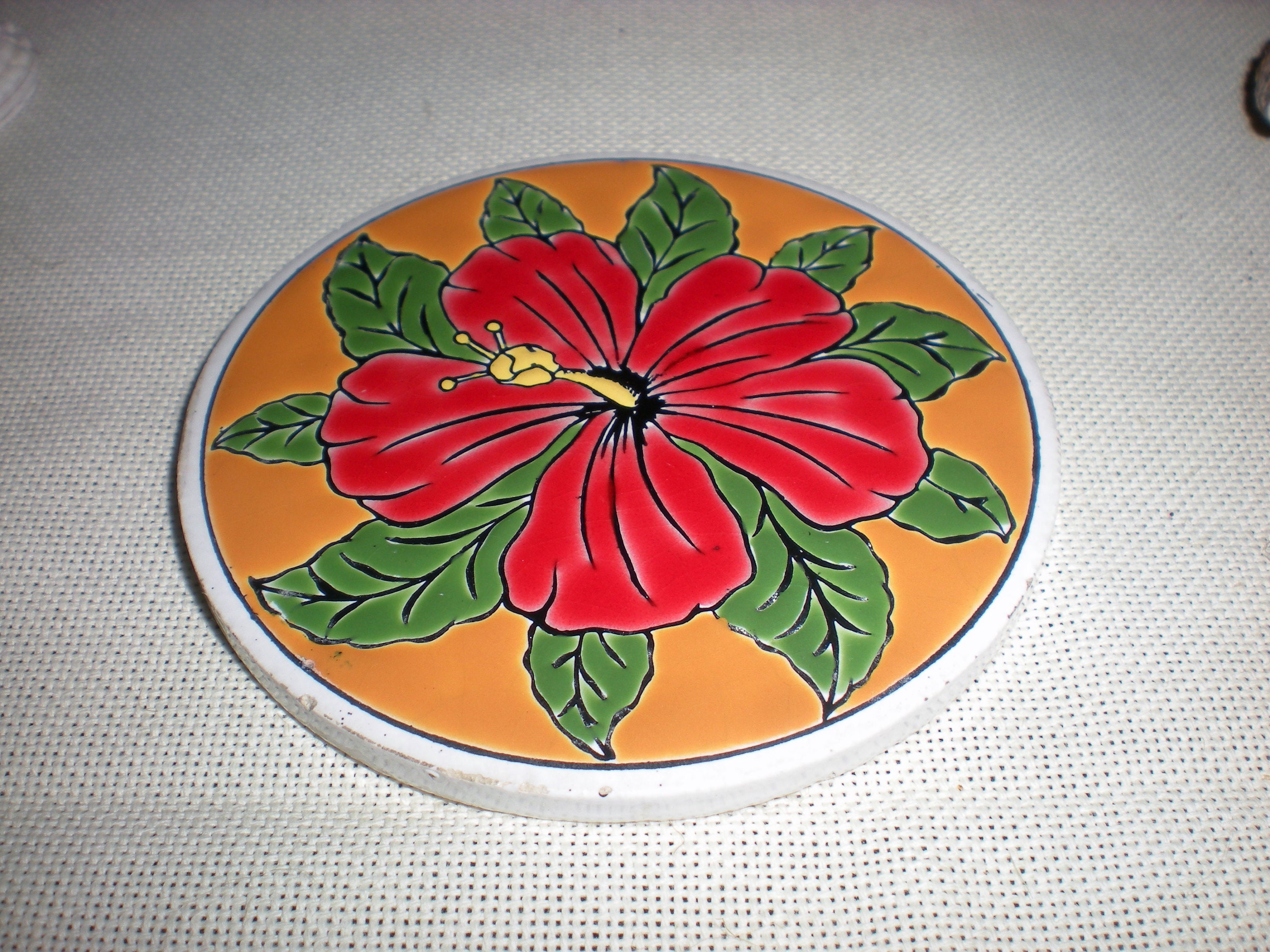 Vintage Greek Ceramic Coaster Hibiscus Design Hand Made by Rhodes ...