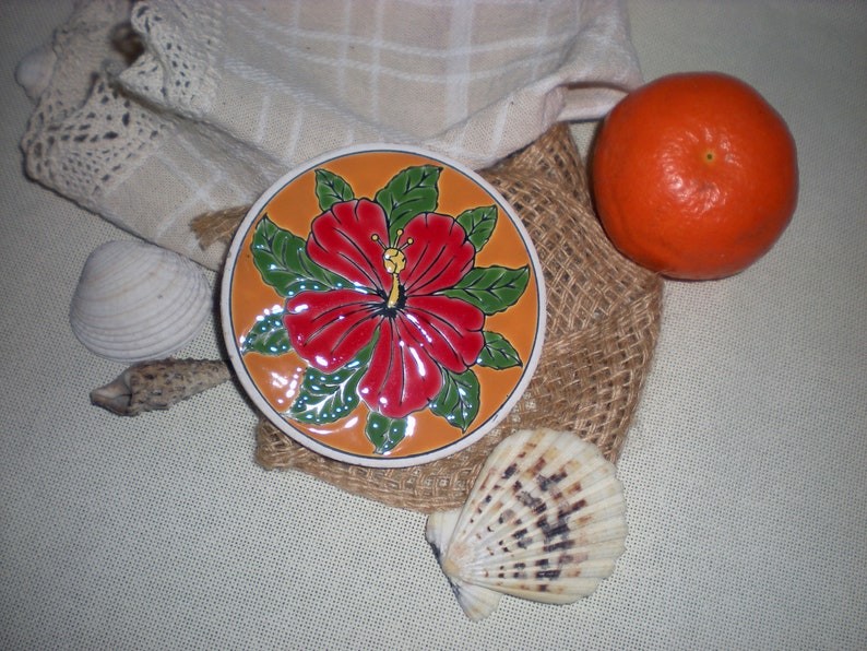 Vintage Greek Ceramic Coaster Hibiscus Design Hand Made by Rhodes ...