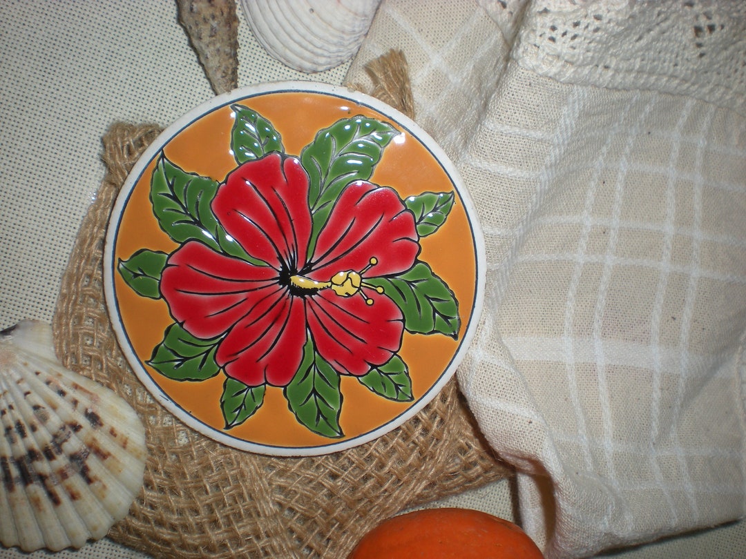 Vintage Greek Ceramic Coaster Hibiscus Design Hand Made by Rhodes ...