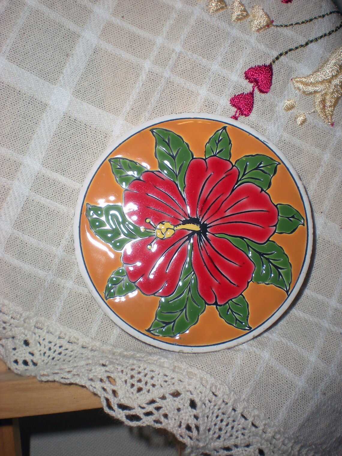 Vintage Greek Ceramic Coaster Hibiscus Design Hand Made by - Etsy
