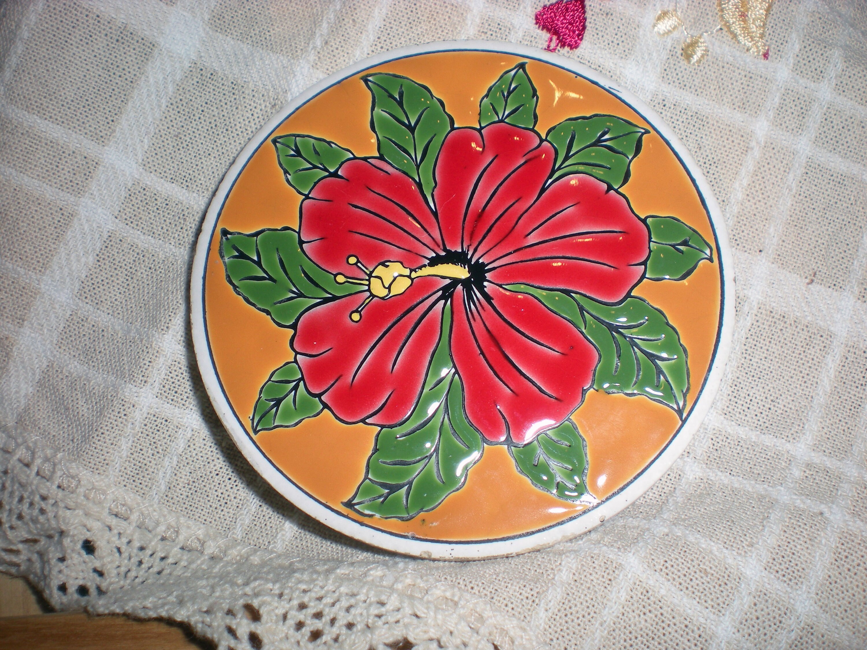 Vintage Greek Ceramic Coaster Hibiscus Design Hand Made by - Etsy