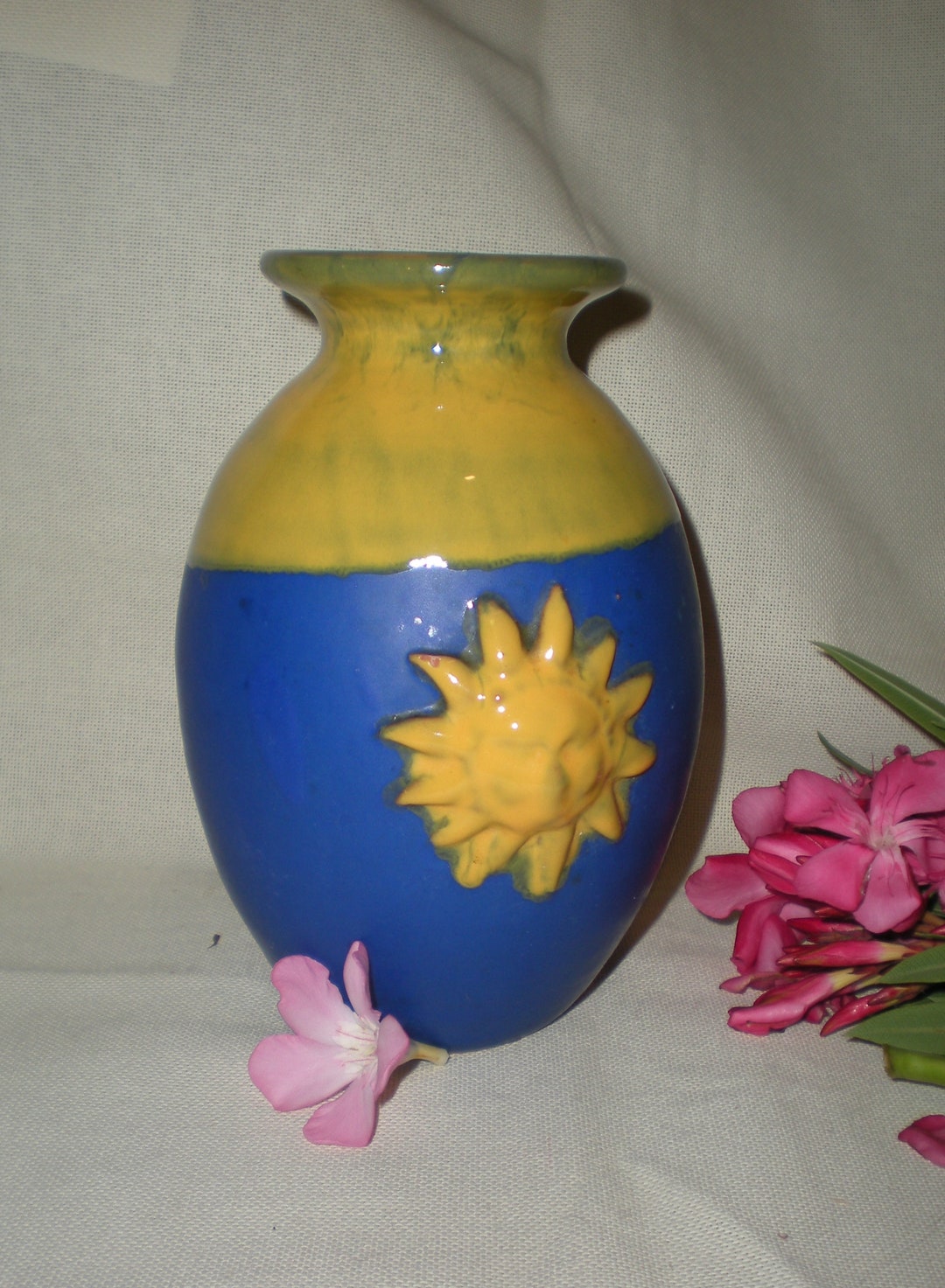 Vintage Sun Face Hand Thrown & Hand Painted Ceramic Vase Partially ...