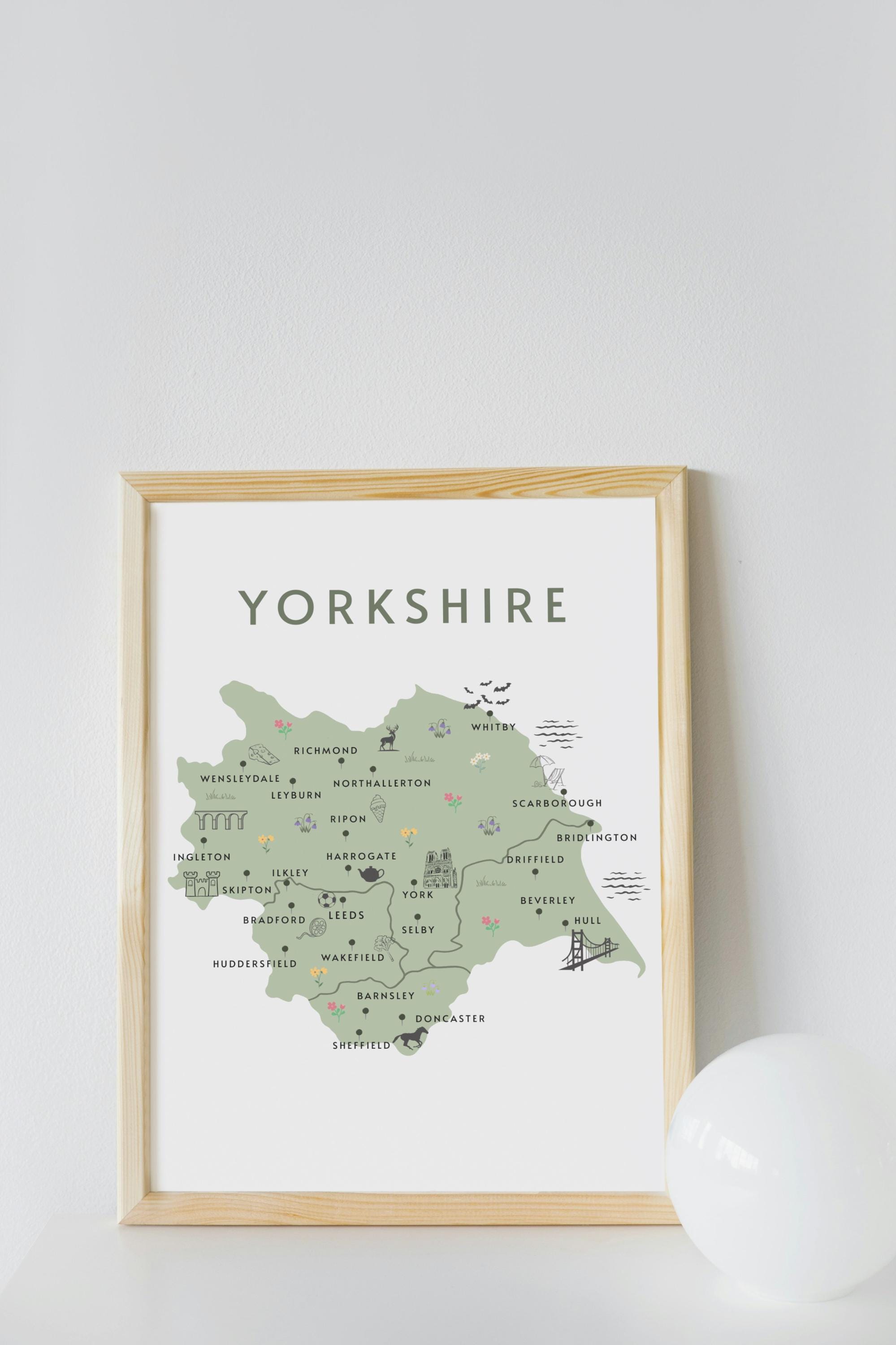 Yorkshire Map Print | Yorkshire Landmarks - Etsy UK