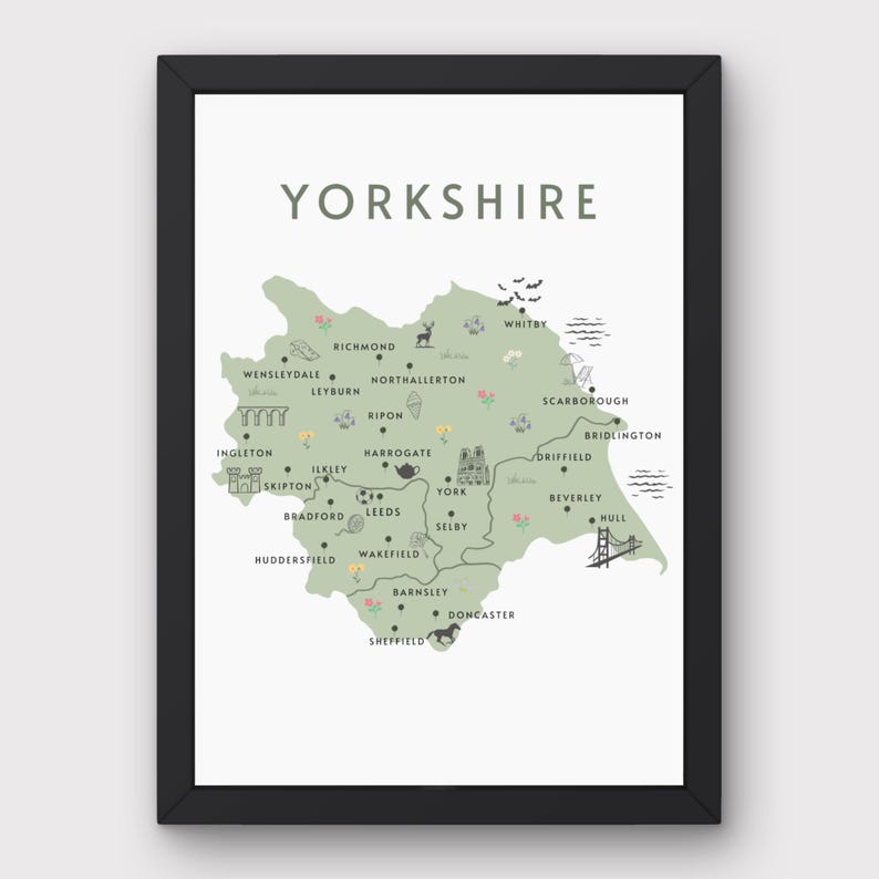 Yorkshire Map Print | Yorkshire Landmarks - Etsy UK