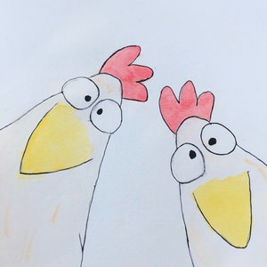 Two Chicken Hand-painted Original Watercolor Illustration, Small Wall ...