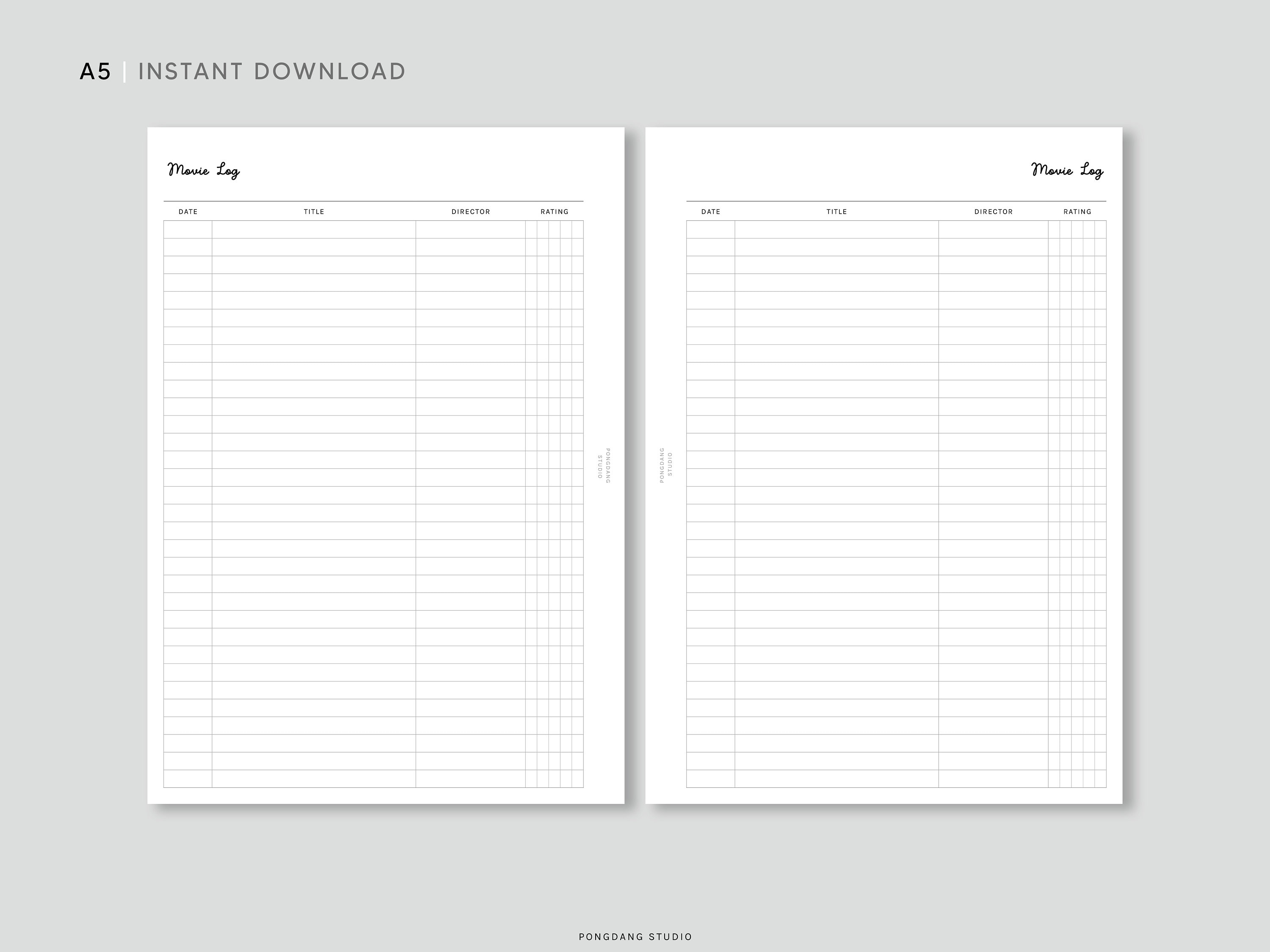 Movie Log Sheet | A5 Printable Planner Inserts | Simple Film Tracker ...
