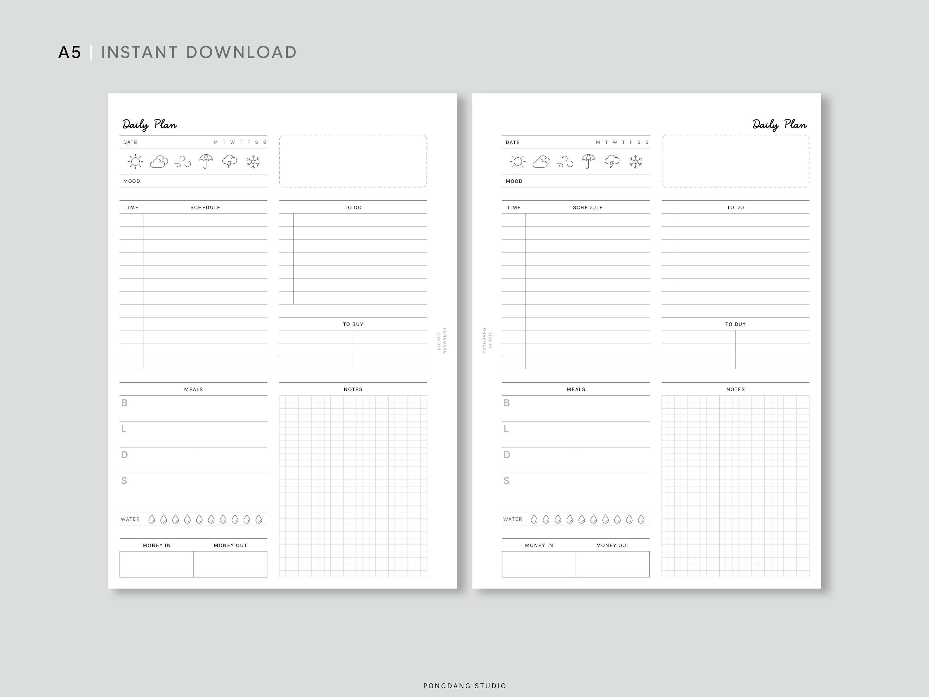 Daily Planner Sheet A5 Printable Inserts Undated Day Schedule Template ...