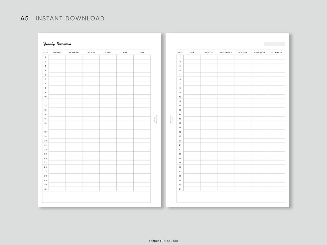 Yearly Overview Sheet | A5 Printable Planner Inserts | YO2P Yearly ...