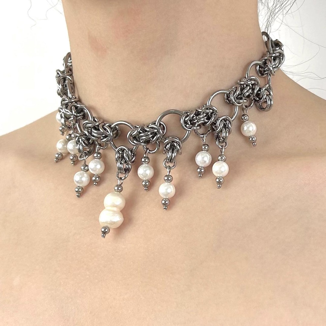 Necklace Choker With Dropping Real Pearls Chainmail Handmade - Etsy