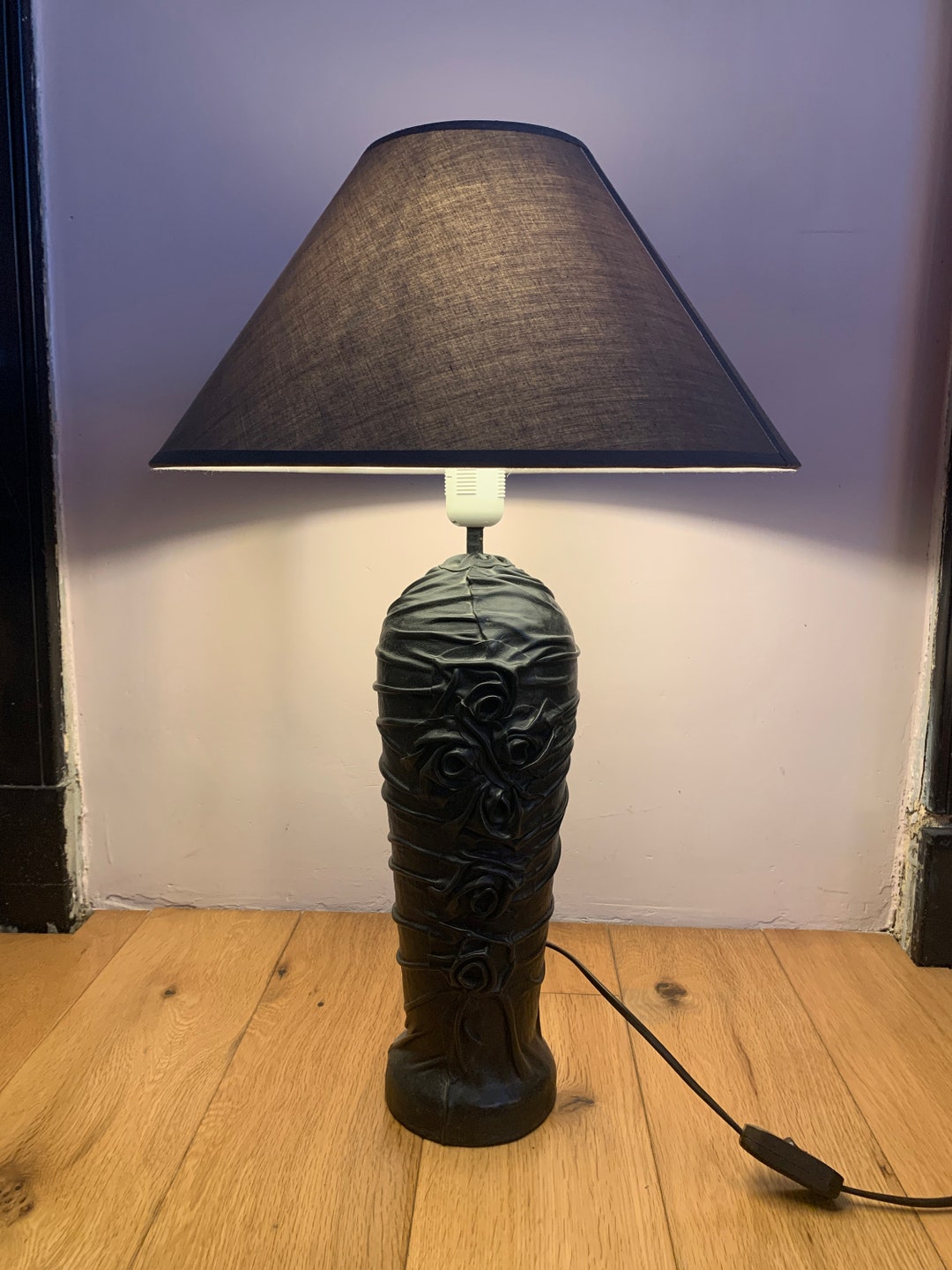 Vintage 1990 Black Leather Table Lamp, Vintage Fantasy Lamp, Large ...