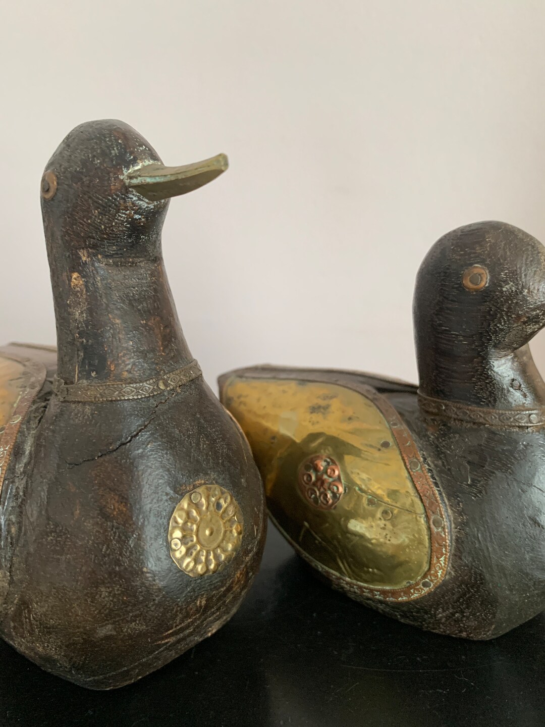 Duo of Decorated Wooden Ducks in Brass/copper, Decorated Wooden Ducks ...