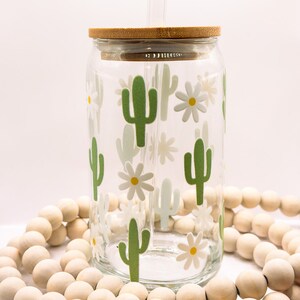 Western Cactus and Daisy Glass Cup, Iced Coffee Cup, Coffee Cup, Cold ...