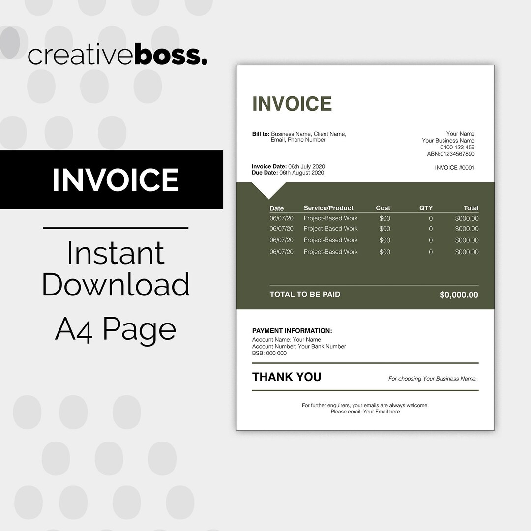 Green Invoice Template Printable A4 Invoice Order Form - Etsy