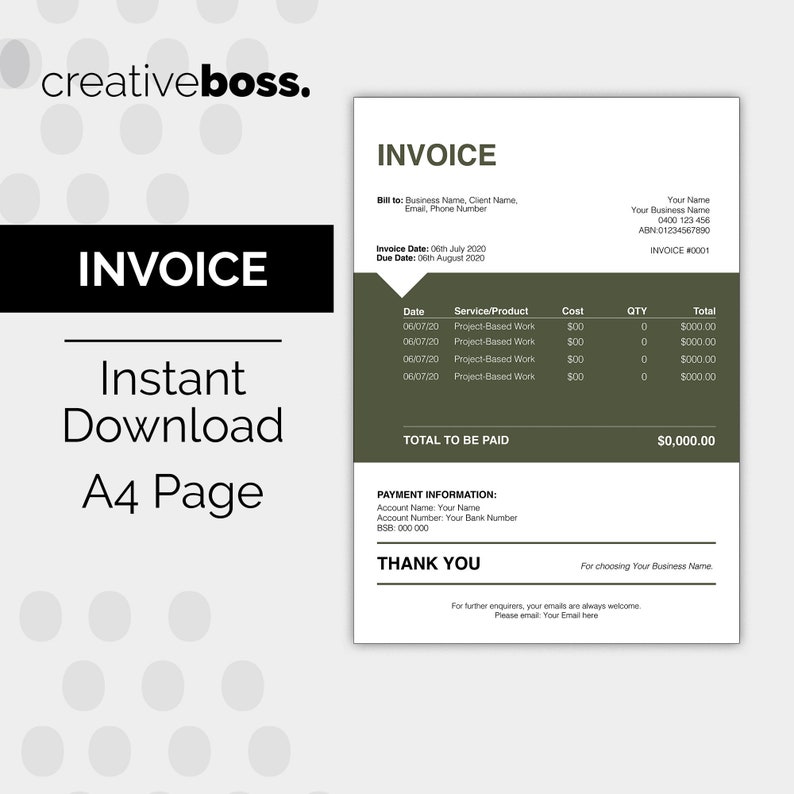 Green Invoice Template Printable A4 Invoice Order Form - Etsy