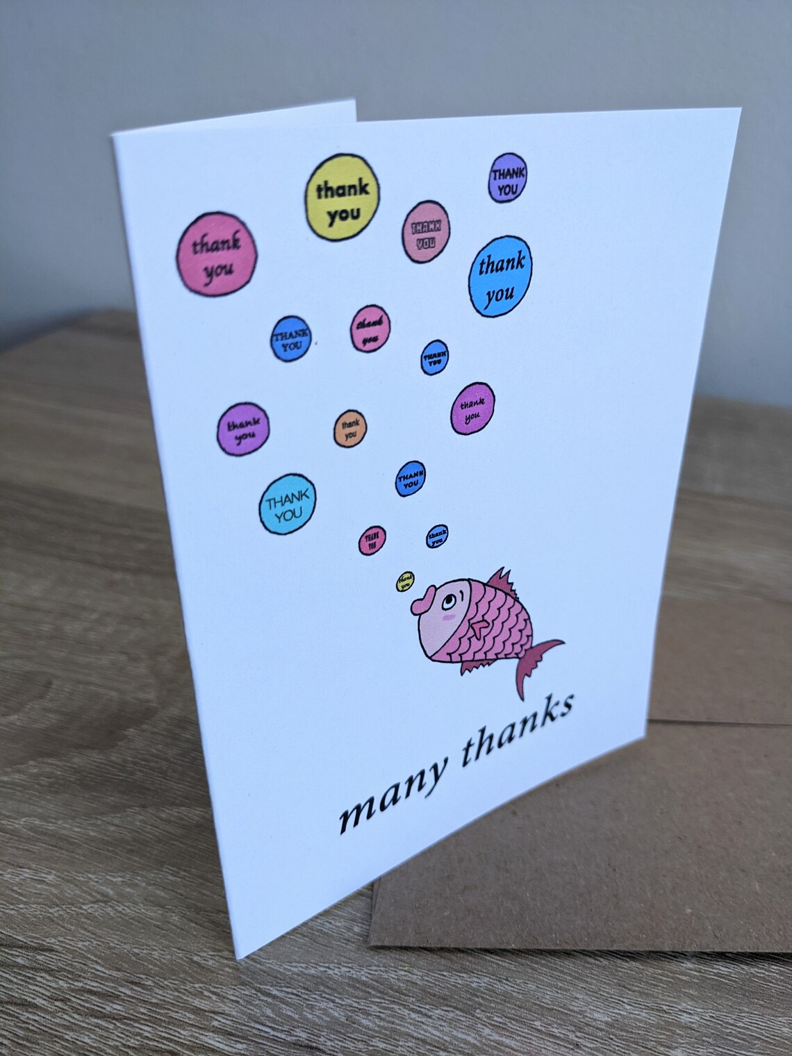 Many Thanks, Thank You Card, Pink Fish, Colorful Bubbles, 100% Recycled ...
