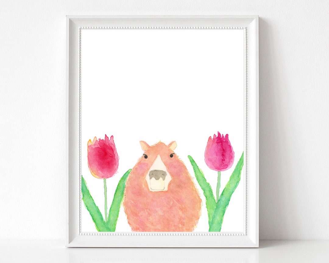 Capybara Print, Capybara Art, Watercolor Nursery Animal Print, Tulip ...