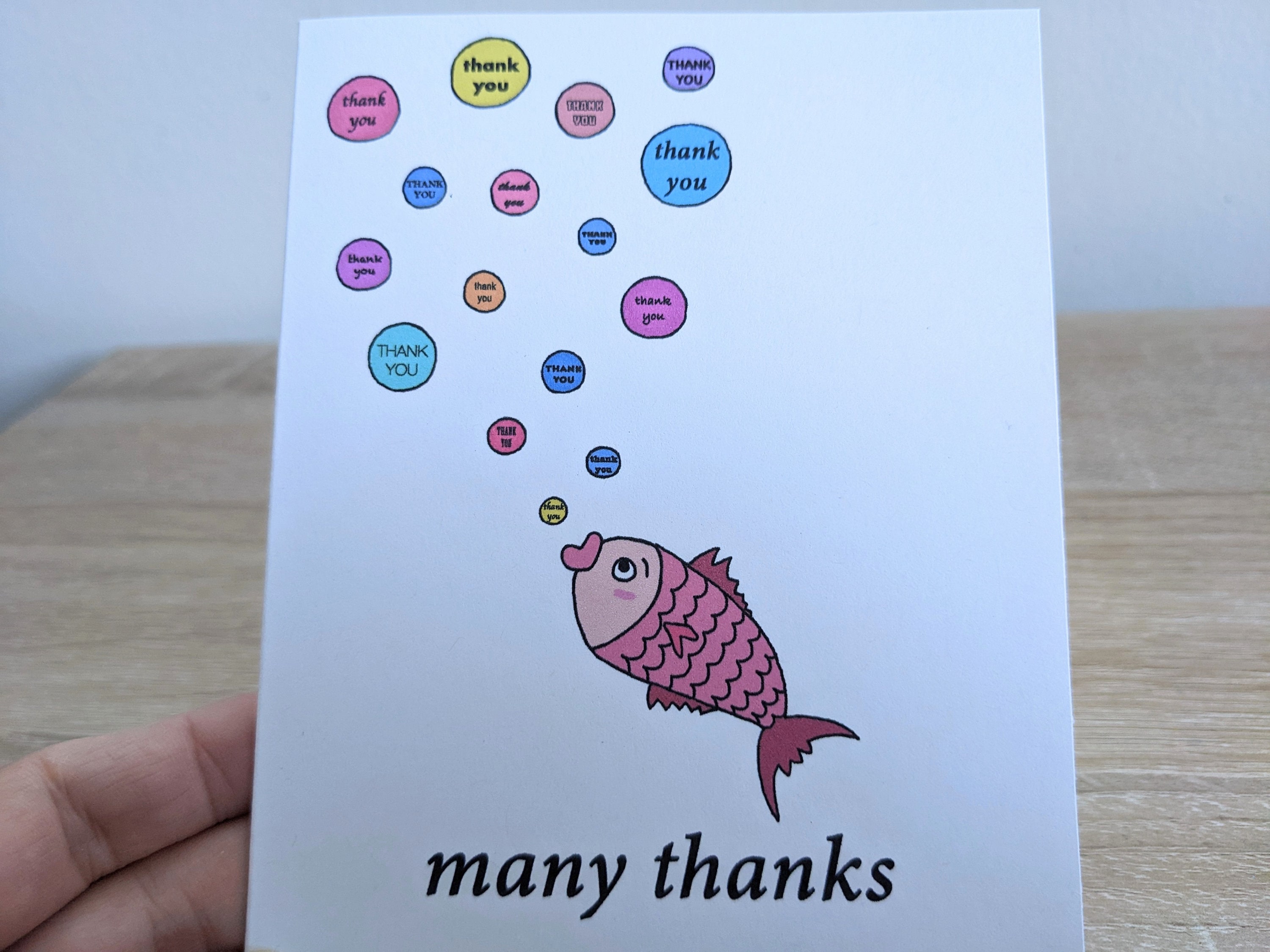 Many Thanks, Thank You Card, Pink Fish, Colorful Bubbles, 100% Recycled ...