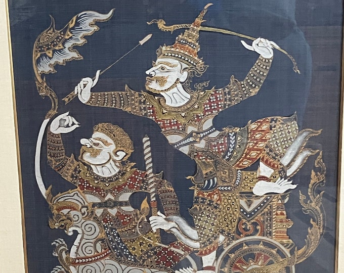 Vintage 1970s Framed Thai Silk Screen Print With Hand Painted Warriors ...