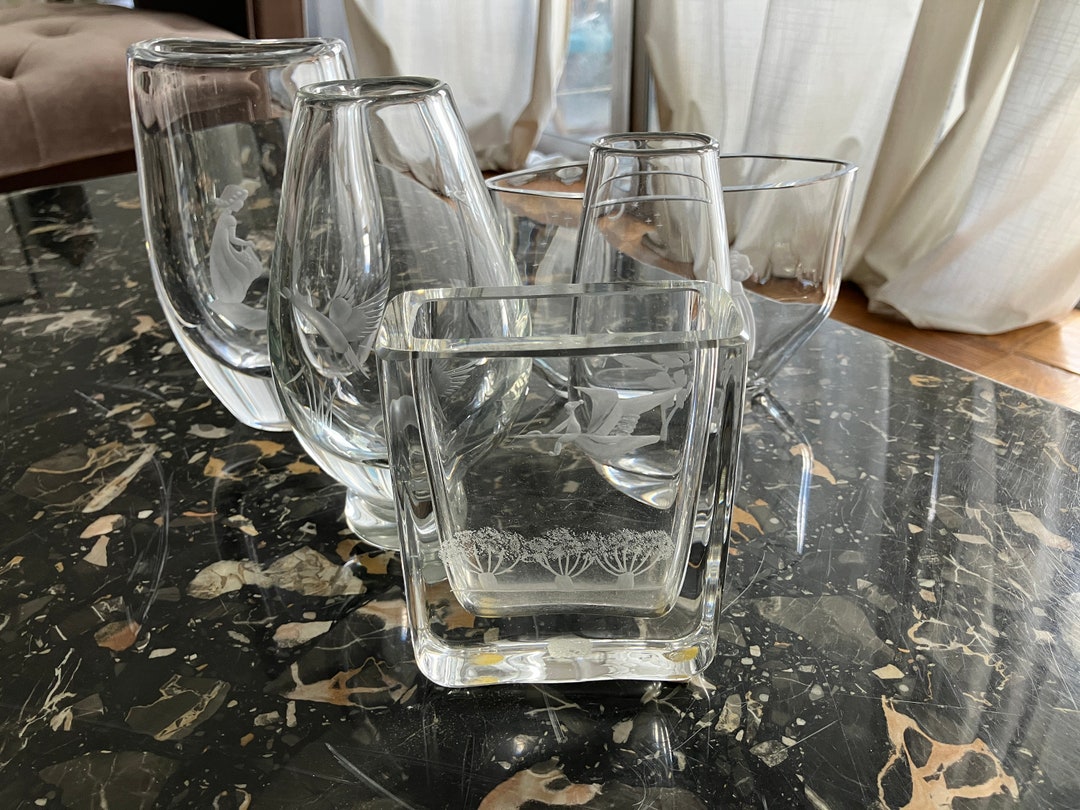Set of 5 Kosta Signed Glass Vases, Etched Hand Blown Kosta Art Glass ...