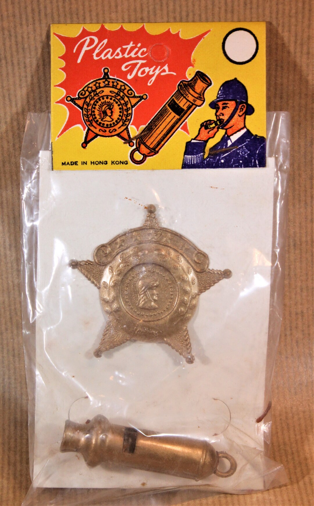 1950's Plastic Police Badge and Whistle Toy Made in Hong Kong Bagged ...