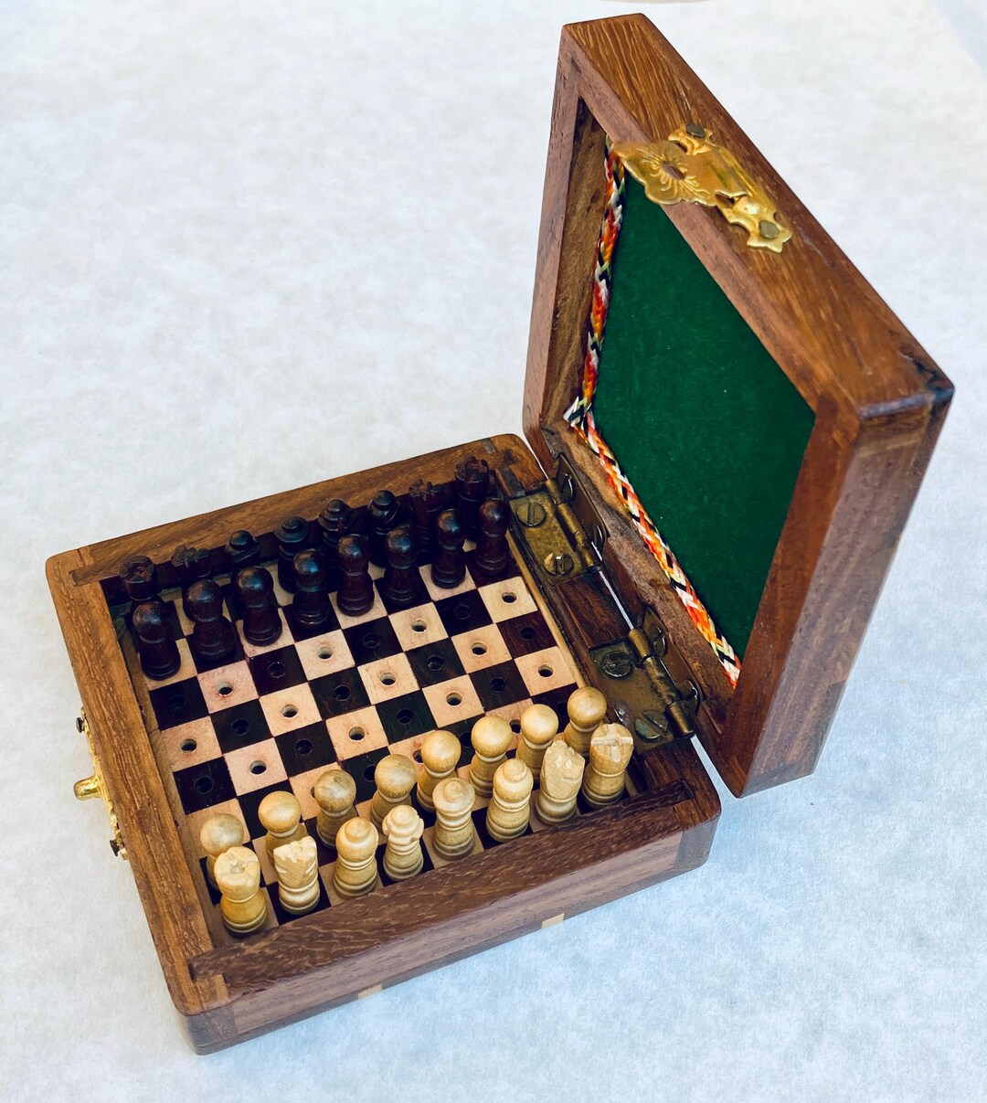 Mini Rose Wood Chess Set Vintage 90's 8cm by 8cm Wood Travel Case Brass ...