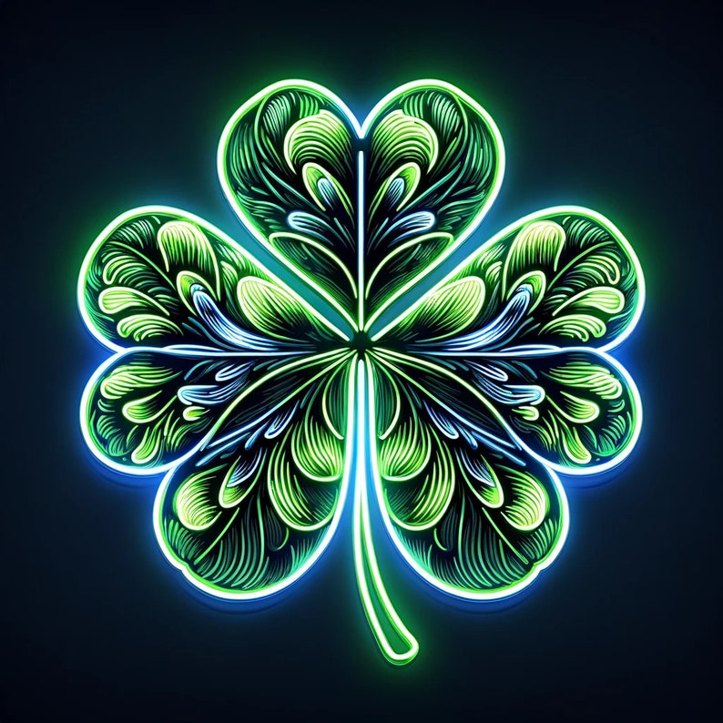 Neon Clover Digital Graphic - Vibrant Green Glow - Four-leaf Clover ...