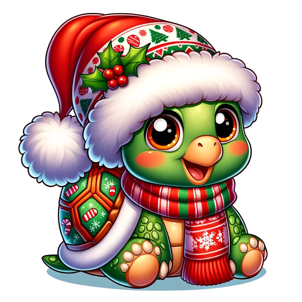 Adorable Turtle Holiday Cartoon With Santa Hat Digital Illustration ...