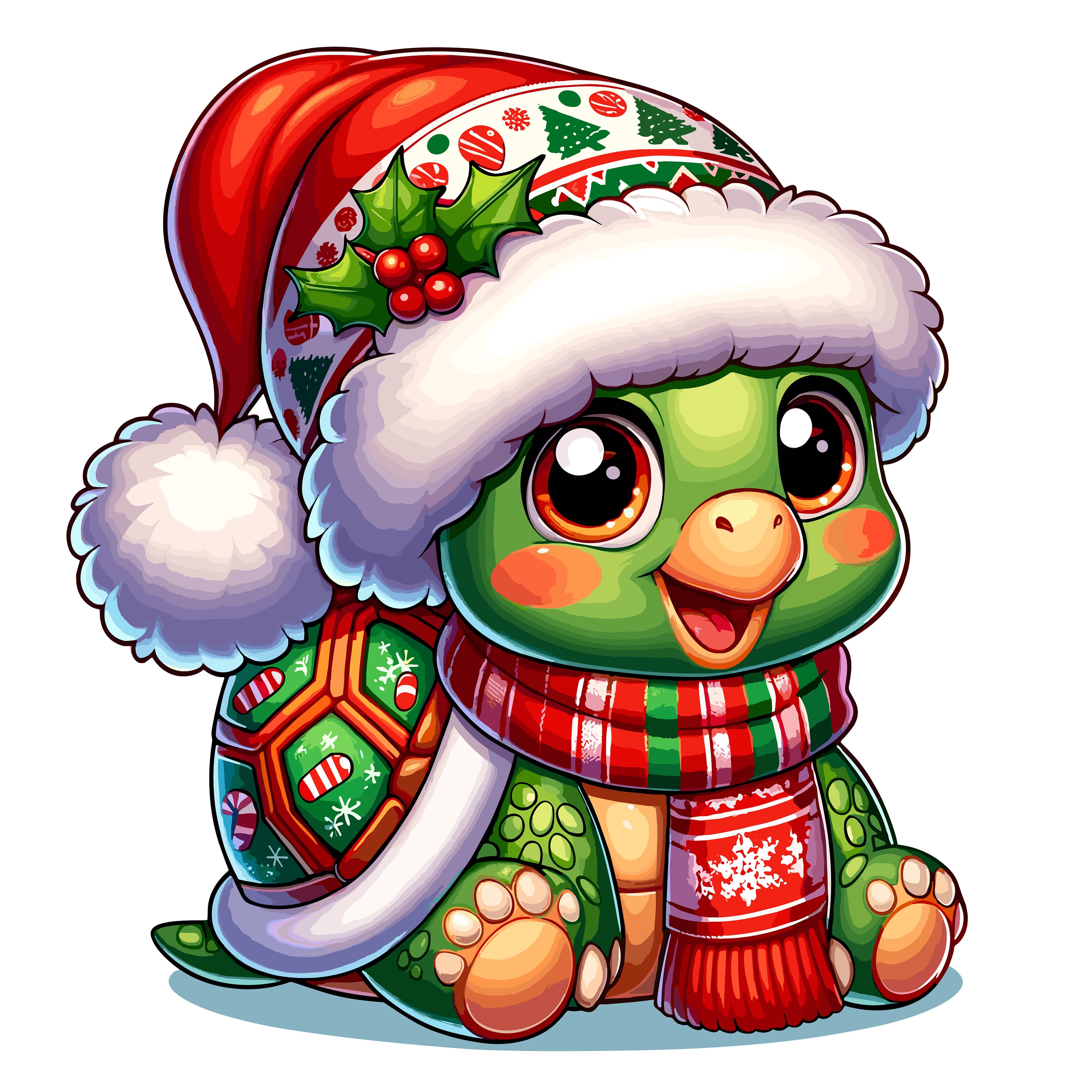 Adorable Turtle Holiday Cartoon With Santa Hat Digital Illustration ...
