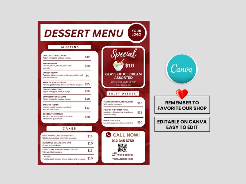 Dessert Menu Flyer, Food Sale Flyer, Restaurant Flyer, DIY Canva Price ...