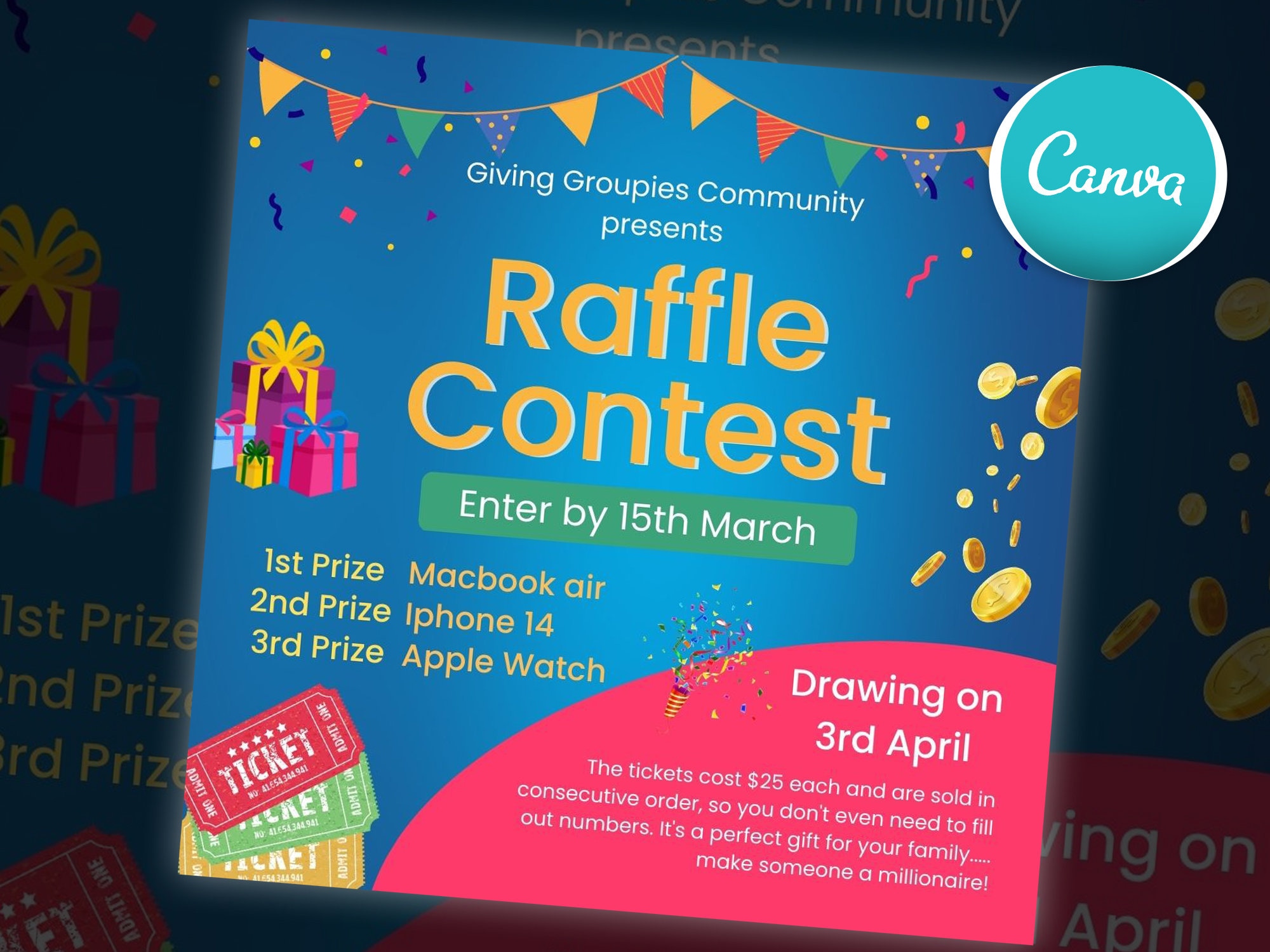 Folleto de rifa, concurso de rifa, diseño de volante editable ...